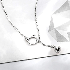Dankadi Fashion Women 925 Sterling Silver Necklace - Cute Cat/Bell Pendant choker 11x11x5mm - Clavicle Rolo Chain 17 Inch Fine Jewelry Gift