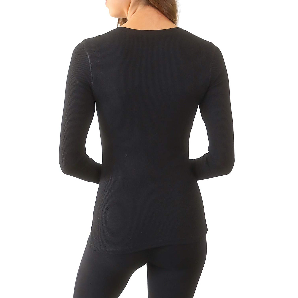 Pure Look Women's Long Sleeve Waffle Knit Stretch Cotton Thermal Underwear Shirt, Small, V-Neck Black