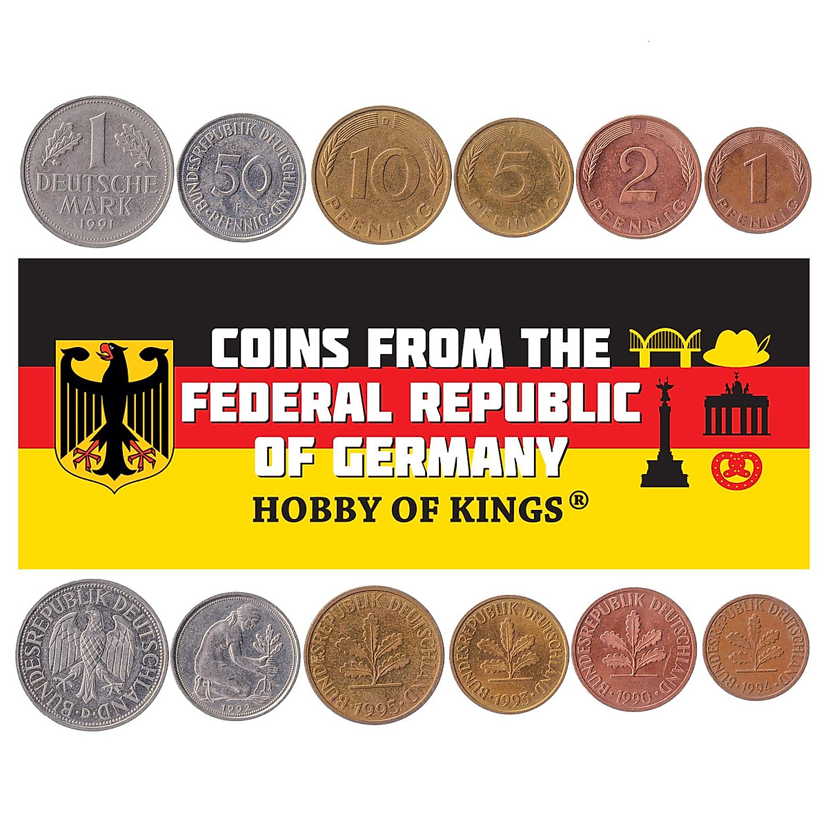6 Coins from Germany | German Coin Set Collection 1 2 5 10 50 Pfennig 1 Deutsche Mark | Circulated 1990-2001 | Eagle | Oak Seedling