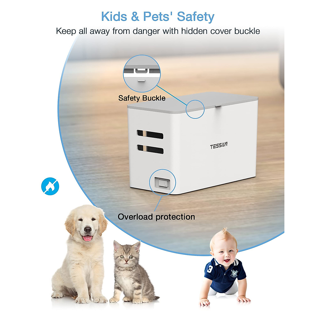 Power Strip with Cable Management Box, TESSAN 5 ft Flat Plug Extension Cord, 4 Outlets 2 USB Ports with Overload Switch, Mountable White Power Cord Organizer Charging Station for Dorm, Office, Home