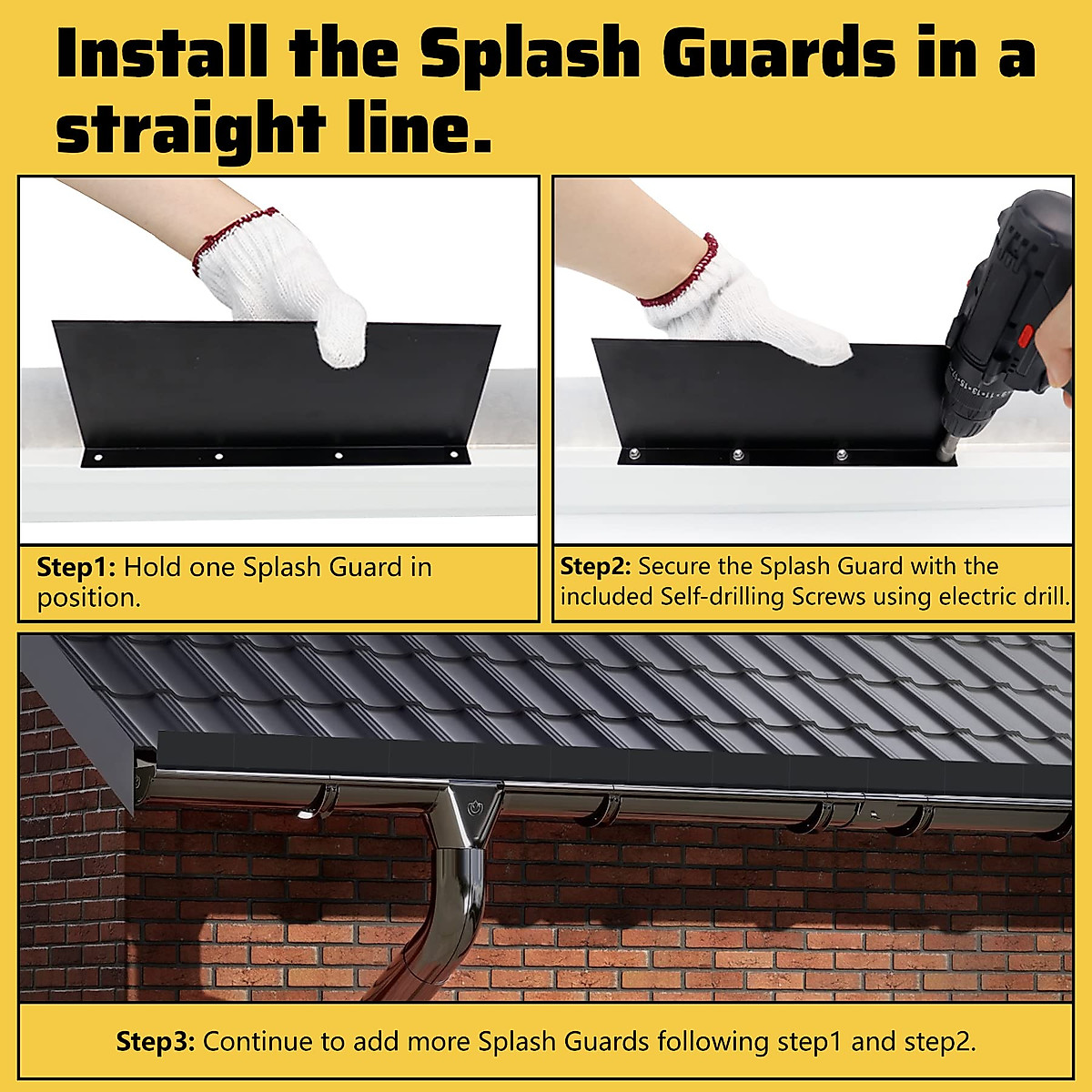 Powrocket 6 Pack Aluminum Gutter Valley Splash Guard,Keep Water from Overshooting The Gutter,for Valley,Corner,or Straight,10 inch Each Piece,Black