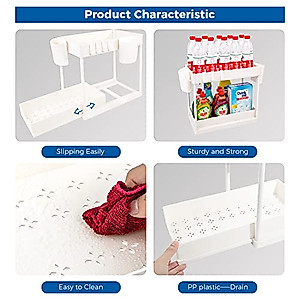 Under Sliding Cabinet Basket Organizer, 2-Tier Kitchen Under Sink Storage Drawer Rack Organizer Dust-proof Water-proof, Expandable Under Sink Organizer with 2 Cups and 4 Hooks, White