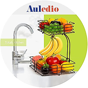 Auledio GGG-123 2-Tier Square Countertop Fruit Vegetables Basket Bowl Storage With Banana Hanger, Brone, 1 PACK