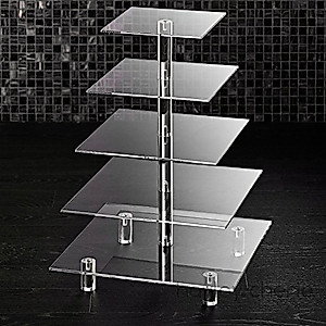 Hayley Cherie 5 Tier Square Cupcake Stand - Extra Thick 5mm Base - Acrylic Tiered Cake Stand - Dessert or Cupcake Tower
