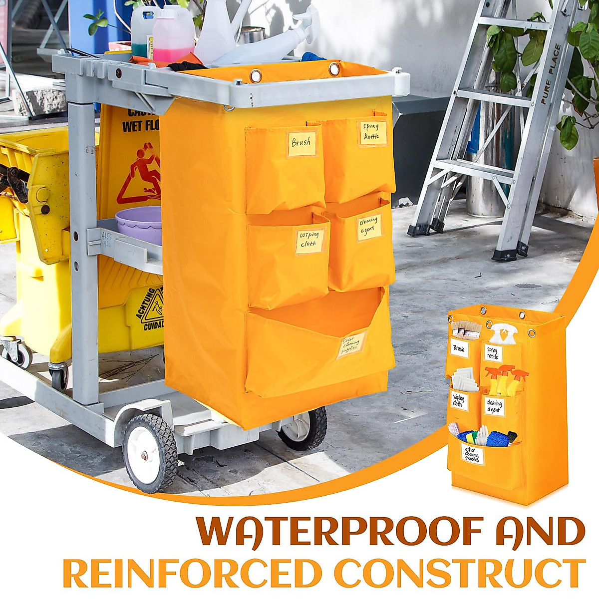 Yoojahow 2 Pack Replacement Cleaning Cart Bag Janitorial Cart Bag with 5 Pockets 25 Gallon Thickened Large Capacity Waterproof Commercial Housekeeping Cart Bag with 6 Brass Grommets, Yellow