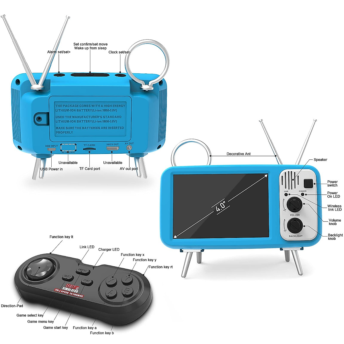 EASEGMER Retro Handheld Emulator Game Console with 5000 Classic Video Games, 4.0Inch Screen, Supports TV Connection and Two Players, Blue