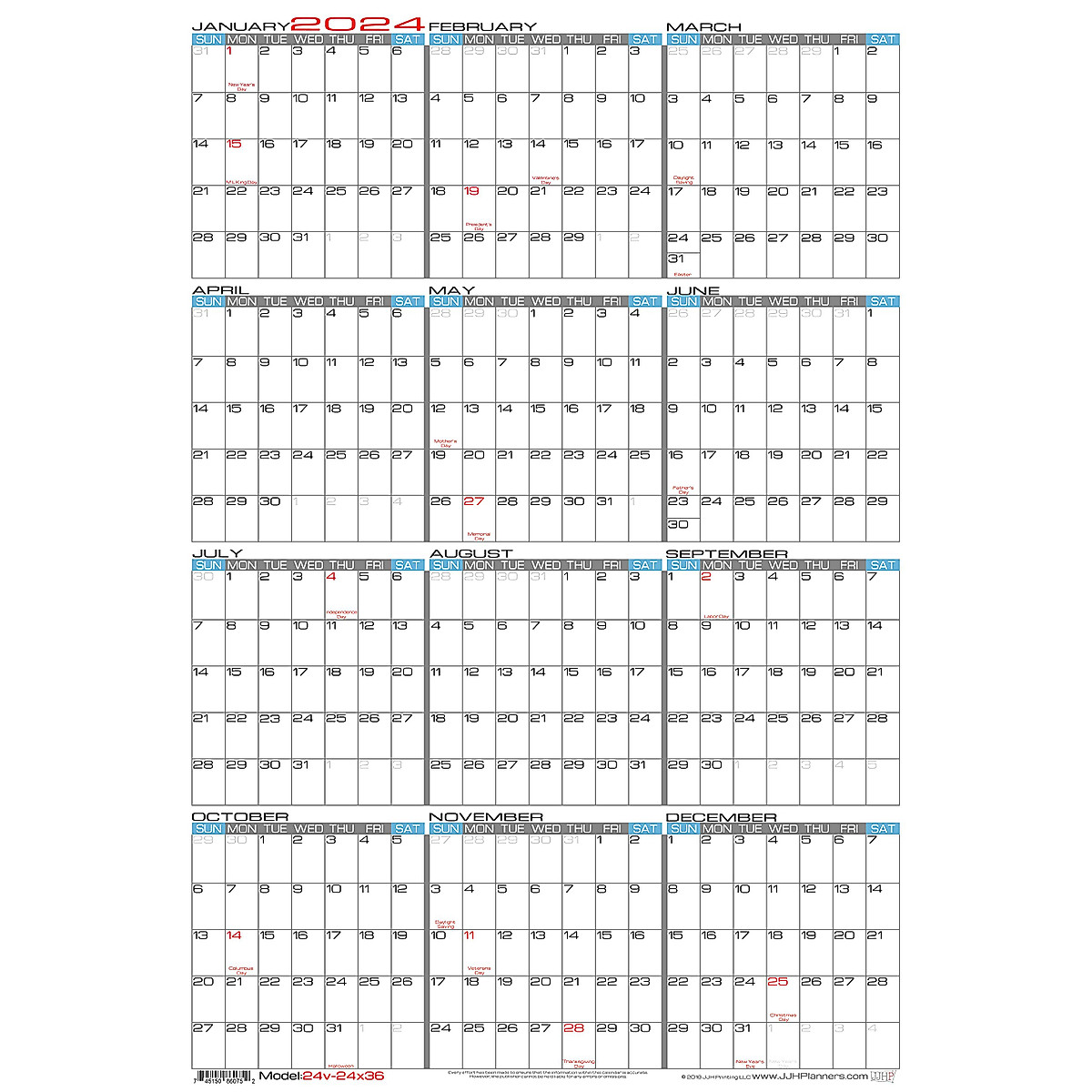 JJH Planners - Laminated - 24" X 36" Large 2024 Erasable Wall Calendar - Vertical 12 Month Yearly Annual Planner (24v-24x36)