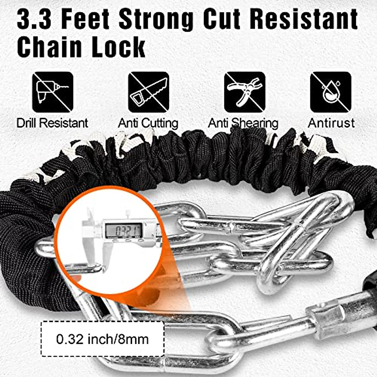 Titanker Bike Chain Lock, Security Anti-Theft Chain Lock for Motorcycle, Bicycle, Door, Gate, Fence, Grill (6mm, 8mm, 10mm Thick Chain) (Black-8mm Chain)