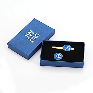 Round Jw.org Metal Necktie Clip and Lapel Pin Set with Gift Box -Blue Background-Gold Color