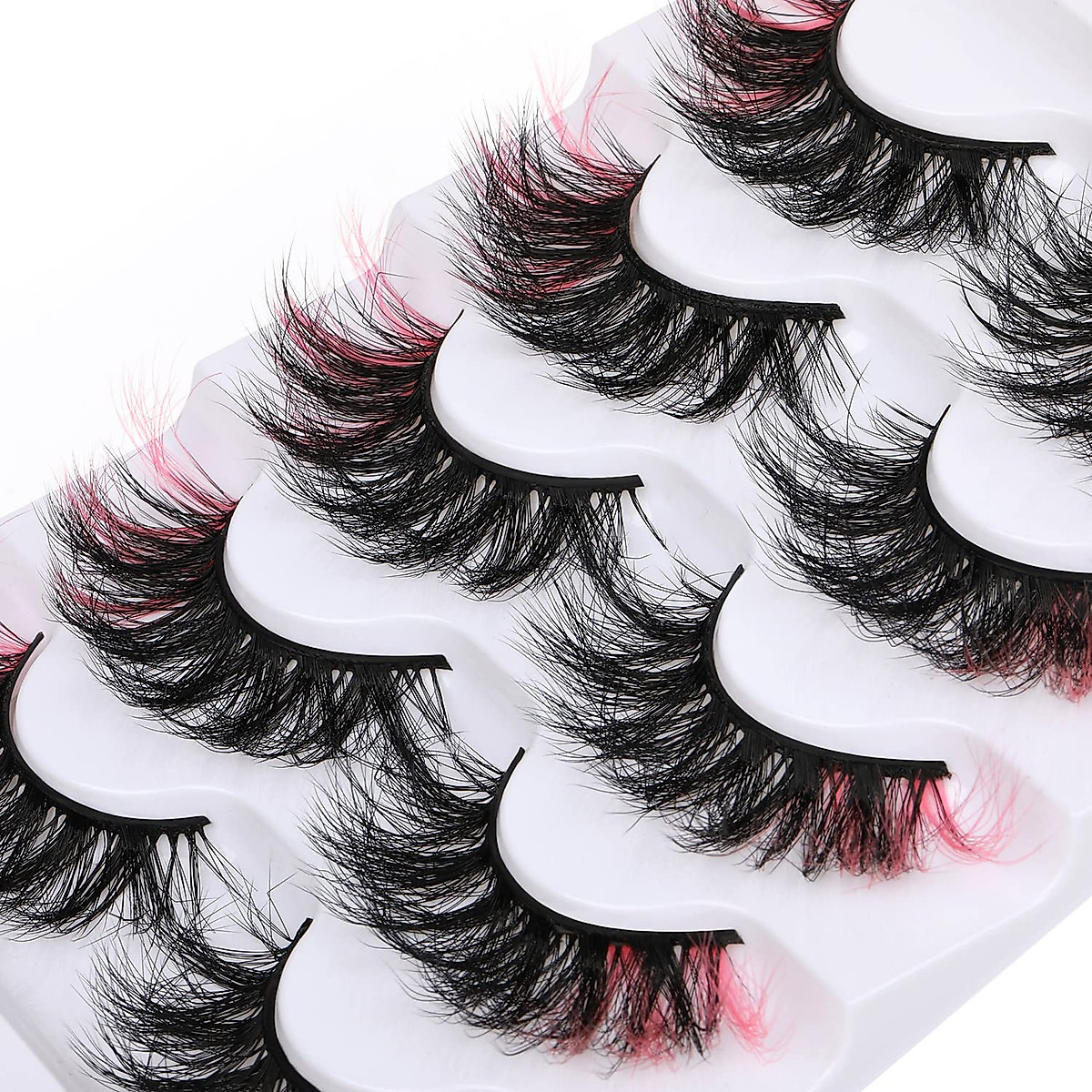 False Lashes with Color Faux Mink Eyelashes Wispies Fluffy Colored Lashes Dramatic Strip Lashes Pack (Pink)