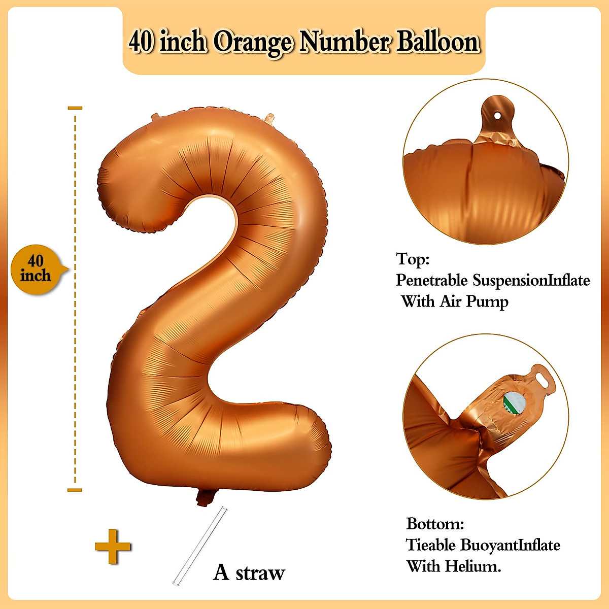 40 inch Orange Number Balloon Giant Foil Helium Balloons for 2nd Birthday Party Decorations
