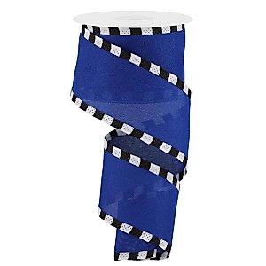 Solid Canvas Ribbon with Striped Wired Edge, 2.5" x 10 Yards (Royal Blue, Black, White)