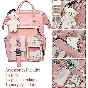 Skyearman Kawaii Backpack with Kawaii Pin Bear Pendant and Pencil Pouch Cute Backpack for Girls Kawaii Schoolbag Aesthetic Backpack, Pink