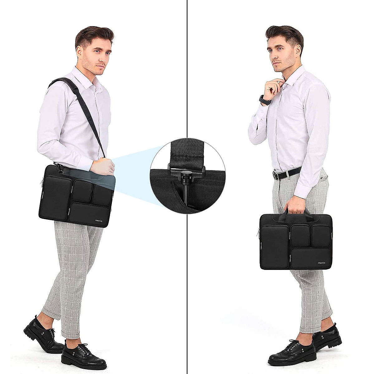 MOSISO Laptop Shoulder Messenger Bag Compatible with MacBook Air/Pro, 13-13.3 inch Notebook, Compatible with MacBook Pro 14 inch, Polyester Briefcase Sleeve with 4 Front Zipper Pockets & Belt,Black