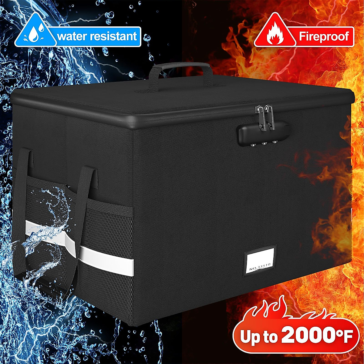 Raybee File Box Fireproof Document Box with Lock Portable File Storage Organizer Box with Mesh Pockets Collapsible Filling Box with Handle Home Office Safe File Cabinet for Hanging Letter