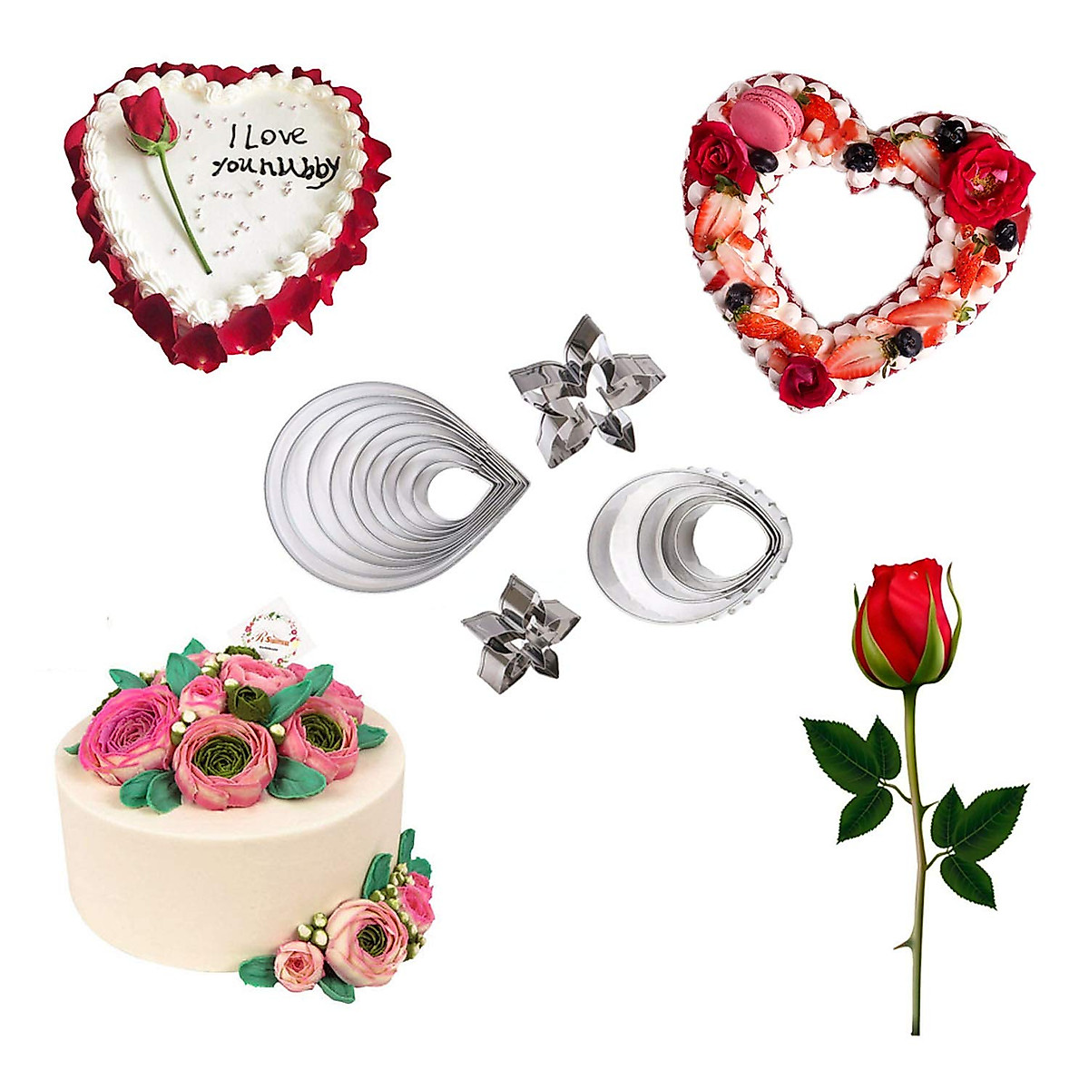 18pcs Gumpaste Flower Mold Austin Rose Petal Calyx Leaf Cutter Set Sugarcraft Fondant Modelling Tools for Cake Decorating, Chocolate, Soap, Gum paste