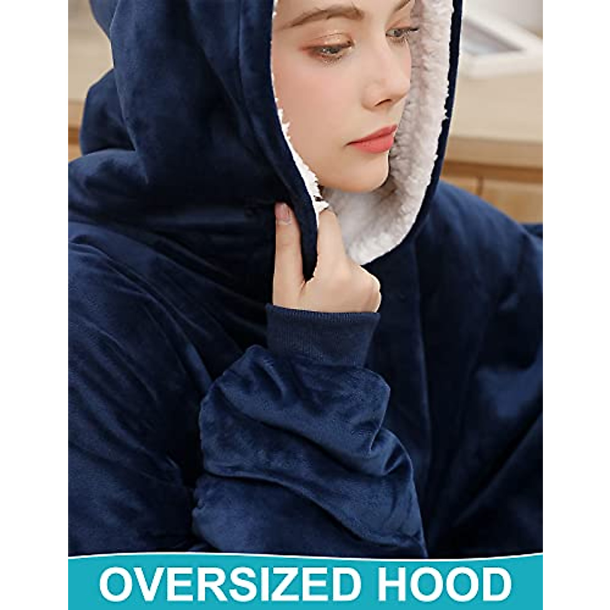 Bertte Wearable Blanket Sweatshirt Oversized Hoodie Sherpa Blanket Sweater Birthday Gifts, Lightweight Plush Hooded Poncho Soft Warm Pullover for Woman and Men, One Size Fits All, Navy