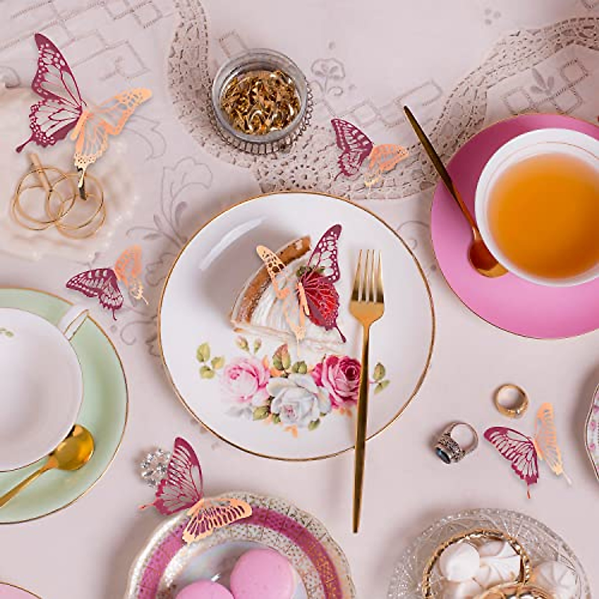 WALPLUS 52 Pcs Rose Gold Realistic 3D Butterfly Wall Decals Removable DIY Home Birthday Cakes Wedding Decorations Art Decor Wall Stickers Murals Nursery Baby Bedroom TV Background Living Room