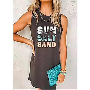 Sun Salt Sand Coconut Tree Tank Mini Dress for Women Sleeveless Beach Praty Shirts Summer Vacation Short Mini Dresses (Large, Grey)