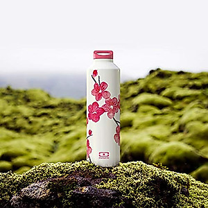 MONBENTO - Insulated Water Bottle MB Steel Blossom 17 Oz - Stainless Steel - Leakproof - Infuser - Hot/Cold for Up to 12 Hours - Tea, Coffee - BPA Free - Food Grade Safe - Japanese Flowers - White Red