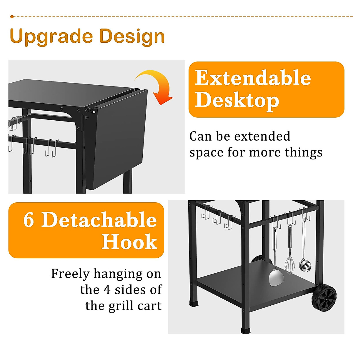 Blomed Dining Cart Table with Double-Shelf, Grill Cart with Wheels, Movable Steel Flattop Worktable, 6 Hooks, Side Handle, BBQ Cart Pizza Oven Stand