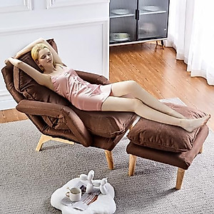 CLIPOP Modern Living Room Accent Chair with Ottoman, Comfy Linen Armchair with Adjustable Backrest(5 Angles), Solid Wood Legs, Leisure Upholstered Single Sofa Chair with Footrest, Brown