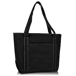 DALIX 20" Solid Color Cotton Canvas Shopping Tote Bag in Black-White