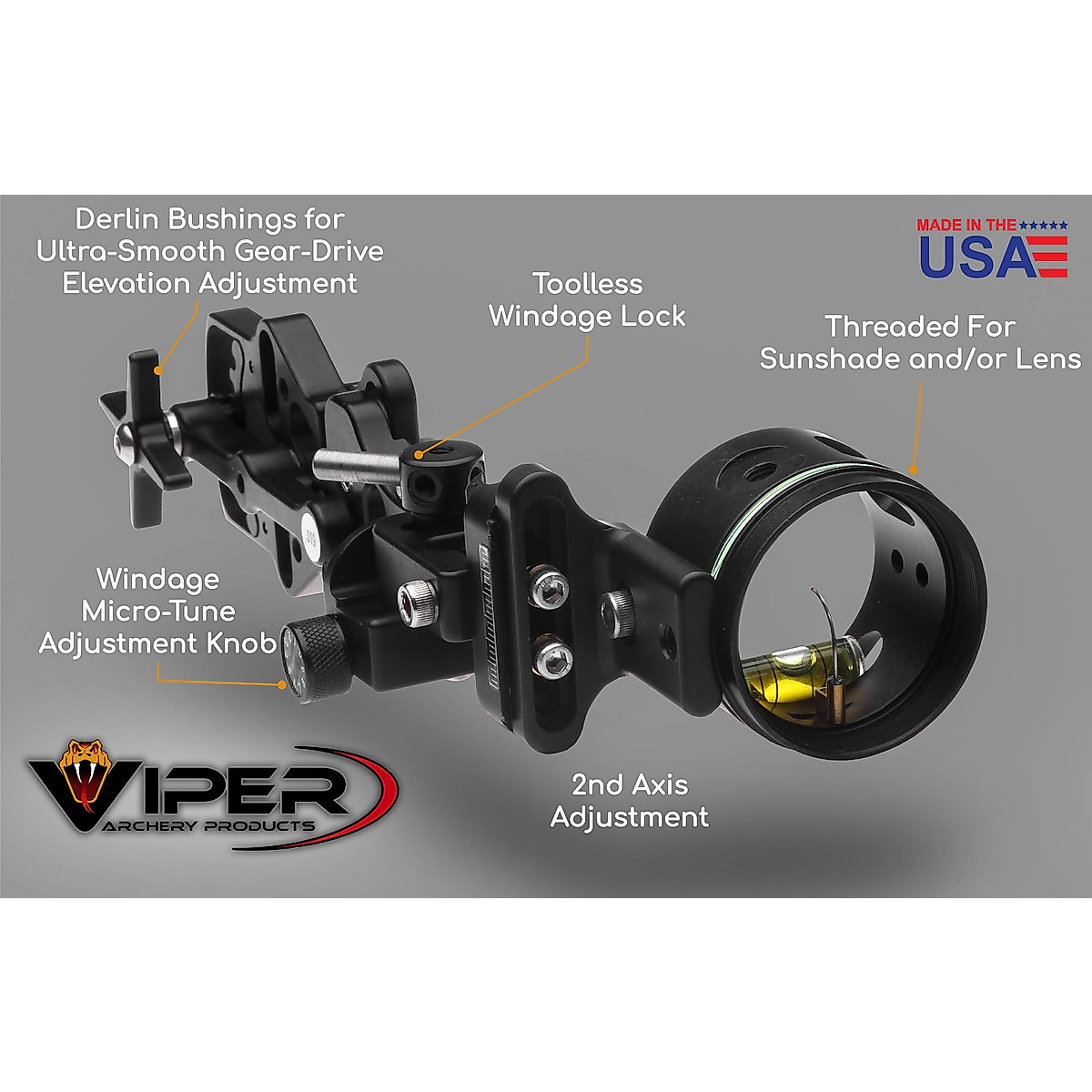 VIPER Archery Sidewinder XL Compound Bow Sight - Made in USA - Machined Aluminum, Bright Single Pin, Toolless Quickset Gear-Drive Elevation & Micro-Tune Windage Adjustments, 0.010 Pin
