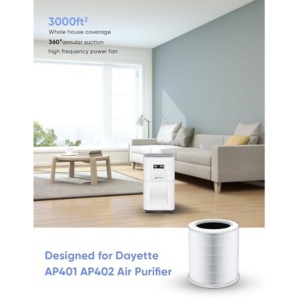 Dayette AP401 AP402 Replacement H13 HEPA Air Purifier Filter for CADR 400+ m³/h Air Purifier, Activated Carbon, Original