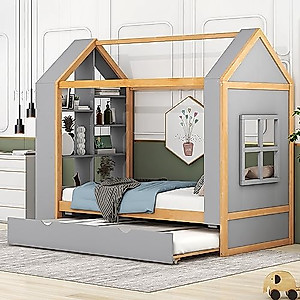 Merax Twin Size House Platform Bed with Storage Shelves, Wooden Bed Frame with Trundle, Grey