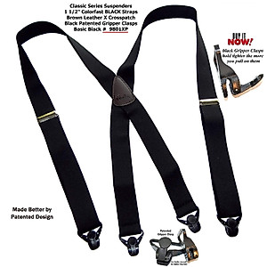 HoldUp Brand Classic Series Black 1 1/2" Suspenders for Men with USA Patented Black Gripper Clasp