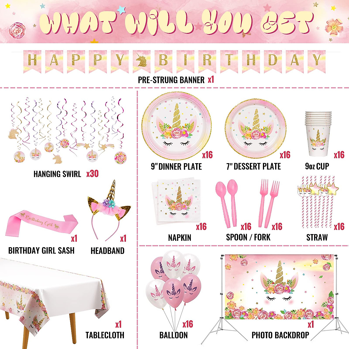 Ultimate Unicorn Birthday Decorations for Girls with Backdrop and Hanging Swirls, Plates and Napkins Party Supplies Serves 16