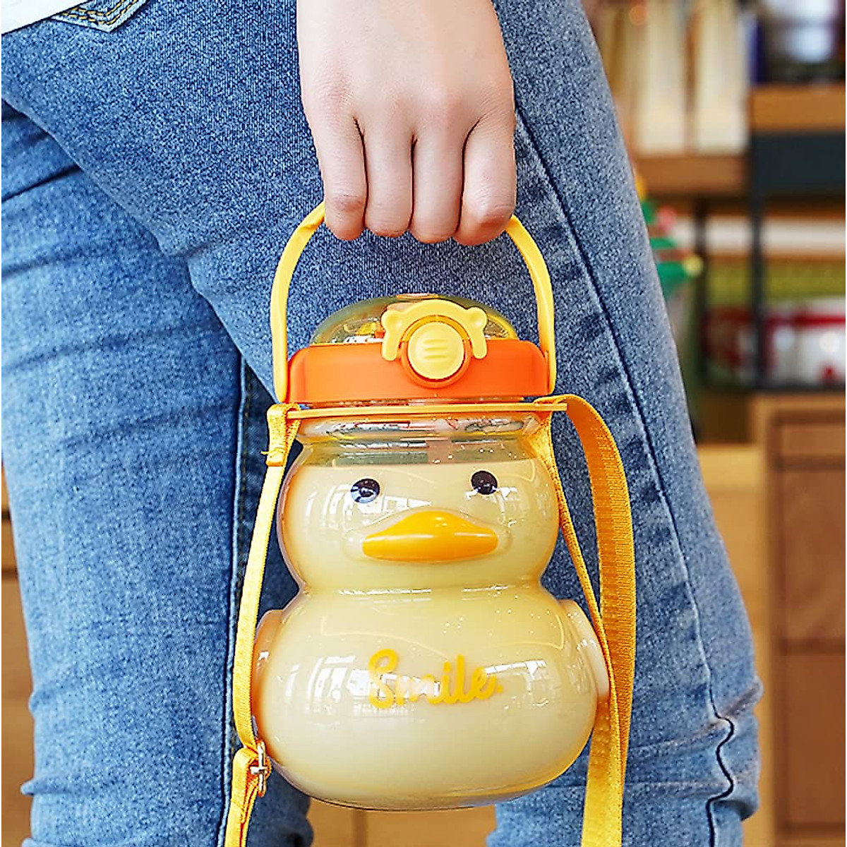 Large Cute Duck Water Bottle with Straw and Strap 34oz Kawaii Duck Water Bottle with 3D Stickers for Kids Toddler Girls School Sports Travel Leakproof Portable Handle Hot and Cold Bottles (Yellow)