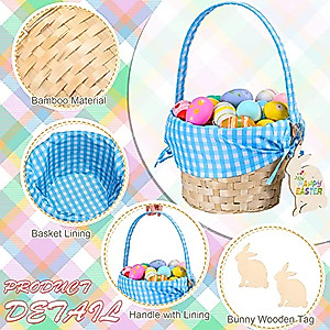 4 Pcs Easter Basket Picnic Basket Woven Basket with Handle Wooden Cute Baskets for Wood Basket Picnic Hamper Easter Eggs and Candy Basket with 4 Bags Lafite Grass 4 Pcs Rabbit Wood Chips (Plaid)
