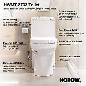 HOROW HWMT-8733 Small Compact One Piece Toilet For Bathroom, Powerful & Quiet Dual Flush Modern Toilet, 12'' Rough-In Toilet & Soft Closing Seat Include, 25"D x 13.4"W x 28.4"H, White