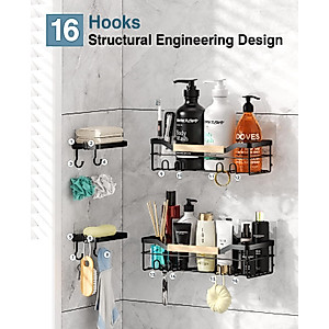 TJ.MOREE Shower Caddy 4 Pack, Adhesive Black Bathroom Shelves with 2 Soap Holders, Farmhouse Bathroom Decor, No Drilling Rustproof Shower Rack Organizer for Bathroom & Kitchen, RV, Apartment, Dorm