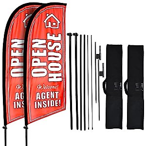 2 Pack Open House Flags Signs Banners or Real Estate Flags for Real Estate Agents or Realtors, with Pole Stake and Carrying Case