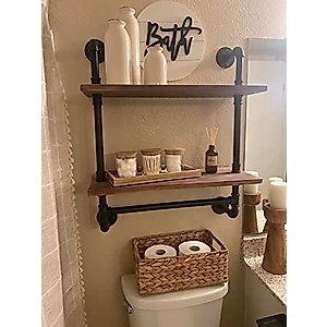 OUBITO Rustic Floating Shelf,Industrial Pipe Shelving,24inch Bathroom Shelves Wall Mounted with Towel bar,Metal Wall Shelf,2 Tier Towel Rack,Floating Shelves,Black