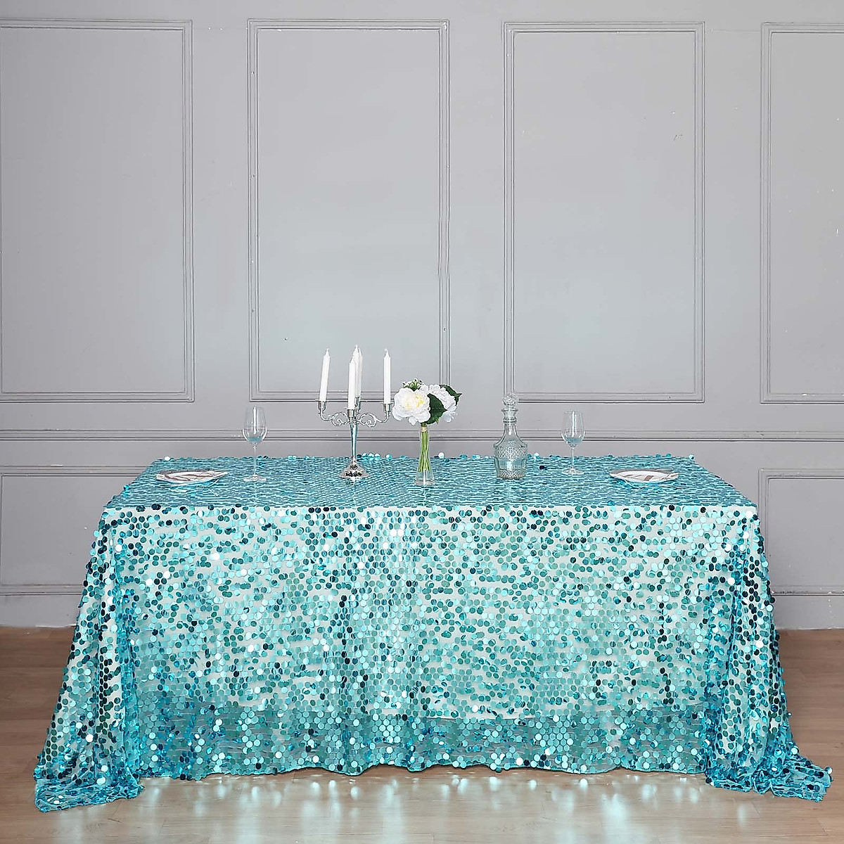 Tableclothsfactory 90X156 Turquoise Premium Big Payette Sparkly Sequin Rectangle Tablecloth for Wedding Party Kitchen Dining Catering
