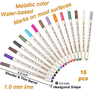Sunshilor Metallic Markers Fine Point Metallic Marker Pens for Black Paper, Rock Painting, Easter Egg, Halloween Pumpkin, Card Making, Metal, Ceramic, Wine Glass, Set of 15
