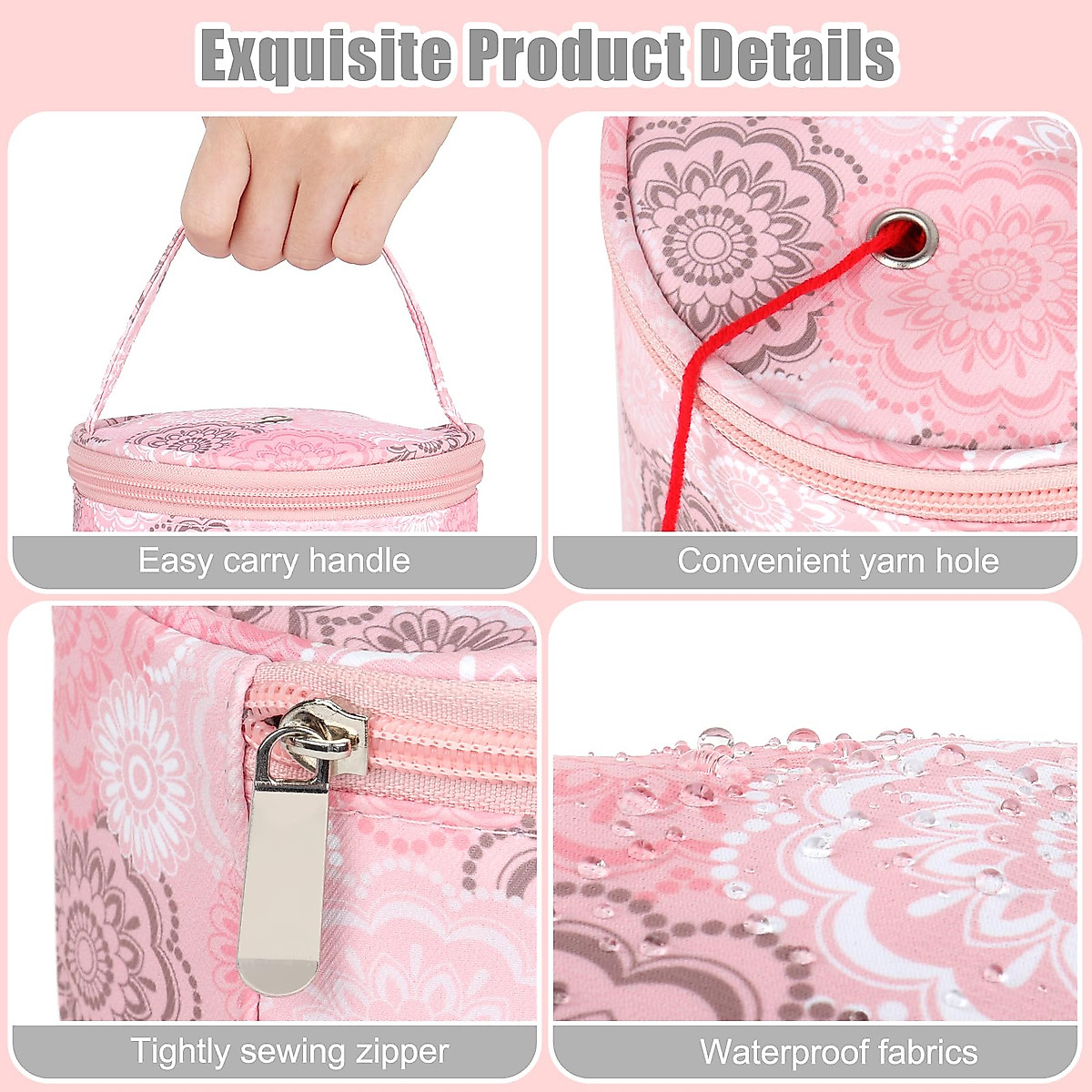 Katech Mini Yarn Storage Bags, Portable Yarn Bag for Crocheting with Holes Organizer Crochet Thread Sewing Accessories Storage Tote Bag for Carry Crochet Hooks Skein Yarn (Pink Floral)