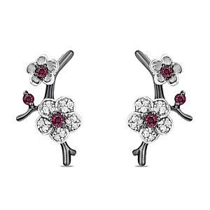 Jewelili Enchanted Disney Fine Jewelry Black Rhodium Over Sterling Silver Rhodolite Garnet and 1/8 CTTW Natural White Diamond Mulan Earrings