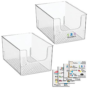 mDesign Plastic Slim Open Front Toy Storage Organizer Bin for Playroom, Nursery, Kids Closets; Holds Action Figures, Crayons, Building Blocks, Puzzles - Ligne Collection - 2 Pack + 24 Labels - Clear