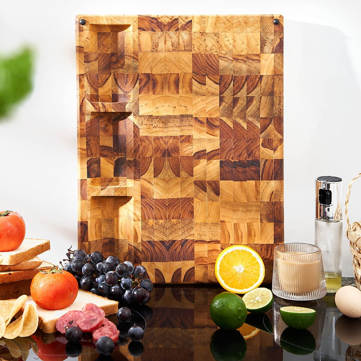 TUSO Butcher Block Cutting Board [17 x 13 x 1.5 inches ] End Grain Teak Wood Cutting Board - Reversible Multipurpose with Non-Slip Feet, Juice Groover, Sorting Compartments and Built-in Handles