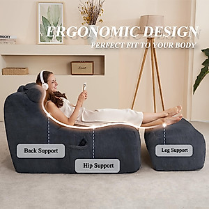 Homguava Bean Bag Chair Large Indoor Beanbag Sofa Lazy Beanbag with Neck Roll&Ottoman Cozy Floor Sofa with Washable Cover&Side Pocket for Bedroom (Dark Grey)