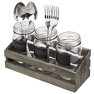 MyGift Gray Solid Wood Kitchen Countertop Flatware Utensil Holder, Casual Dining Flatware Caddy with 3 Mason Jars and Chalkboard Labels