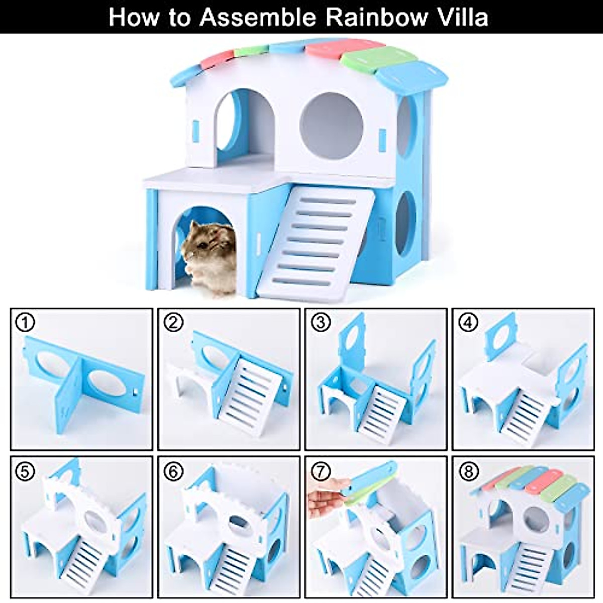 Tiibot 8 Pieces Fun Hamster Toys DIY Wooden Gerbil Hideout Include Swing Seesaw Rainbow Villa Bear's Nest Fitness Circle Arch Bridge Bell Roller Snail House for Sport Exercise Small Animals, Blue