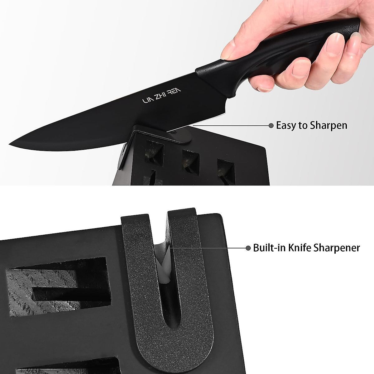 Knife Set, 15 Pieces Kitchen Knife Sets with Block, Built-in Sharpener, Dishwasher Safe, Anti-slip Ergonomic Handle, Knife Block Set for Chopping, Slicing, Dicing & Cutting, Black