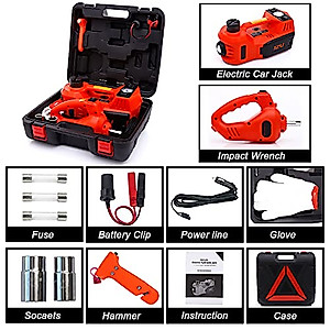 FEANISIFEI Hydraulic Electric Car Jack Kit 5 Ton 12 V with Impact Wrench Power, Built-in Inflator, LED Light, Portable Floor Gata para Set for Vehicle Truck SUV Automatic Lift Change Tire Repair Red