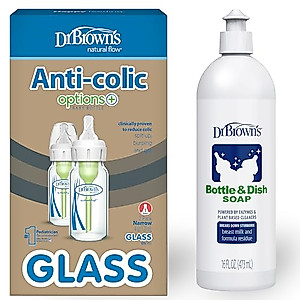 Dr. Brown's Natural Flow Anti-Colic Options+ Narrow Glass Baby Bottles, 4 oz/120 mL, with Level 1 Slow Flow Nipple, 2-Pack, 0m+ & Fragrance-Free Dish Soap, 16oz